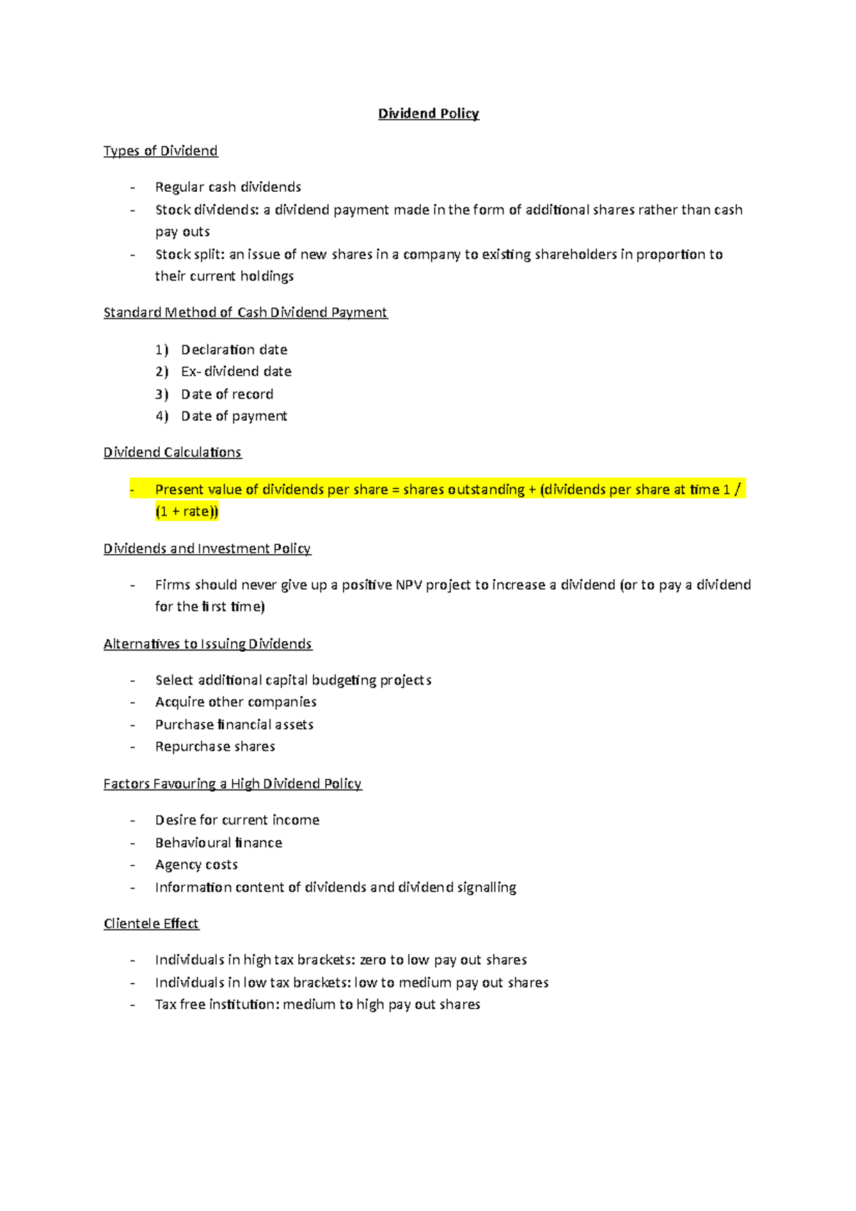 Dividend Policy - Dividend Policy Types of Dividend Regular cash ...