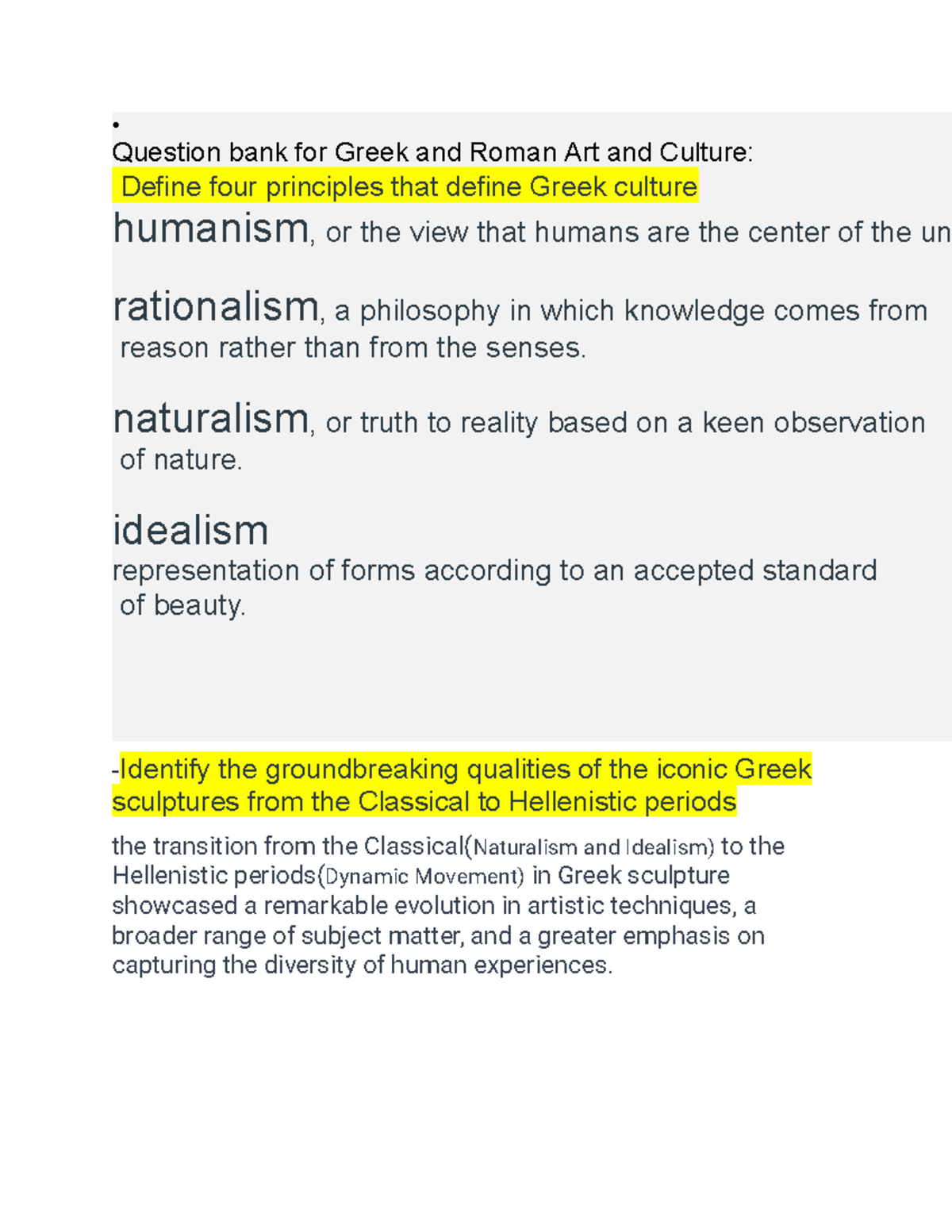 Art w3quiz - test bank - Question bank for Greek and Roman Art and ...