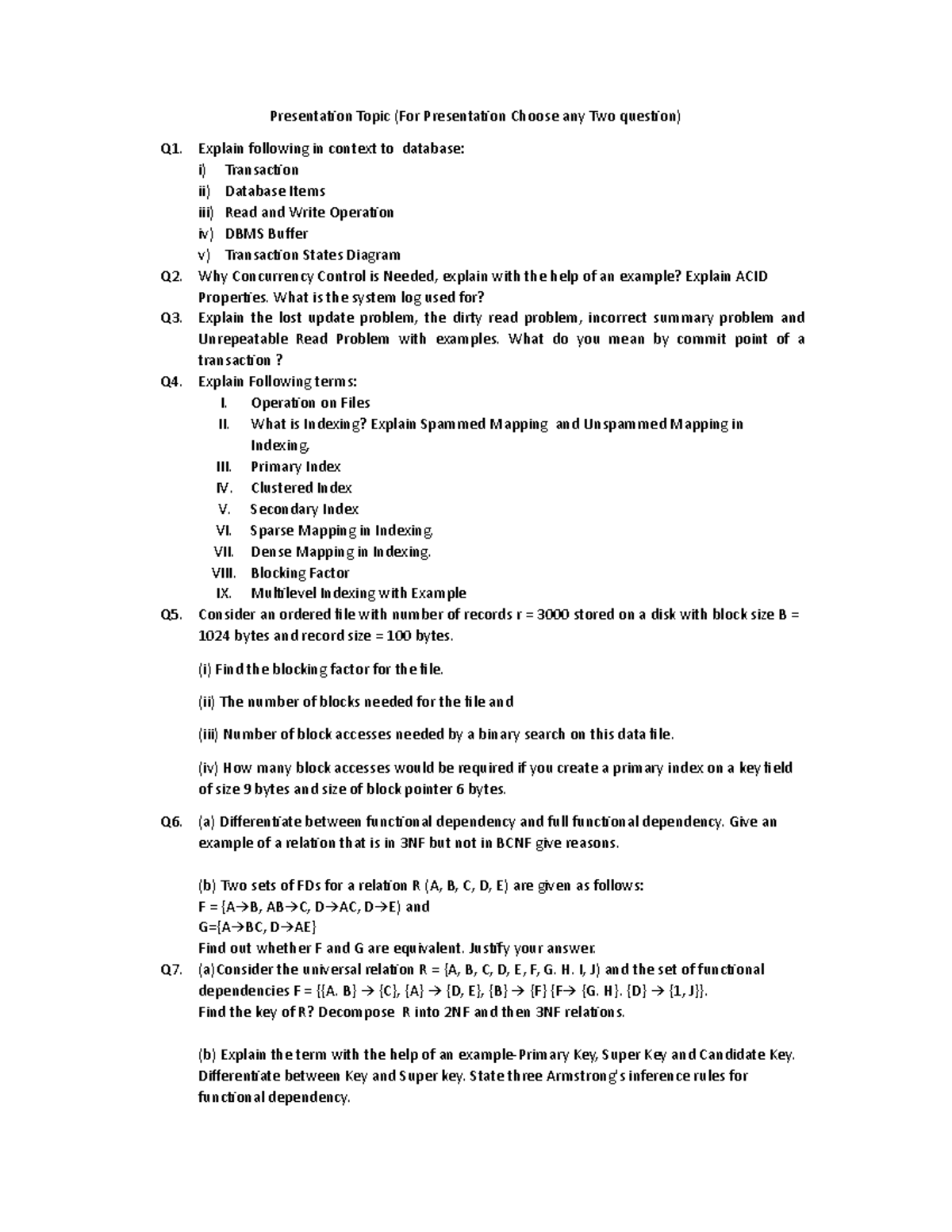 Pr Question - PresentaƟon Topic (For PresentaƟon Choose any Two quesƟon ...