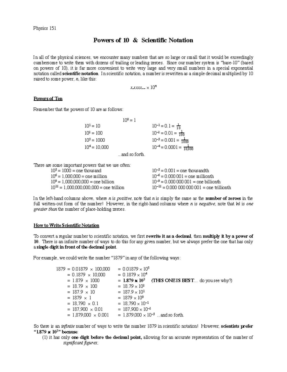 Powers 10Sci Notation - Practice - Physics 151 Powers of 10 ...