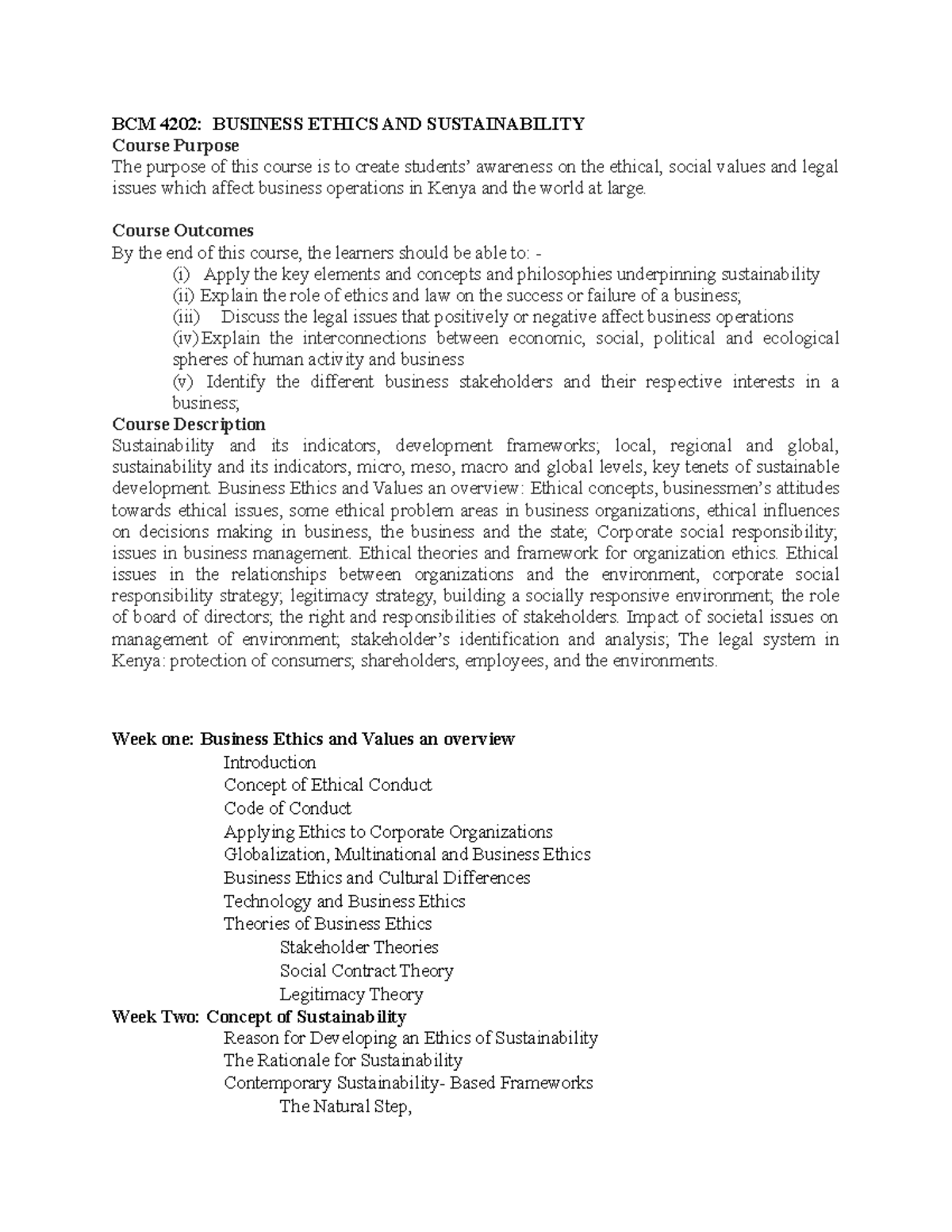 Business Ethics and Sustainability course outline - BCM 4202: BUSINESS ...