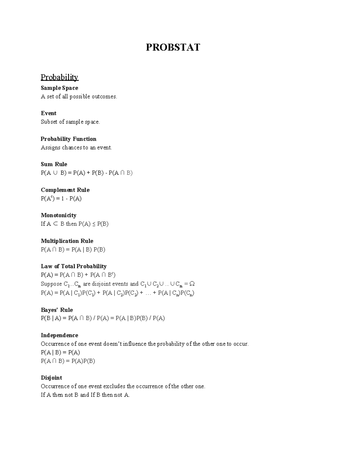 Probstat - full summary - PROBSTAT Probability Sample Space A set of all possible outcomes ...