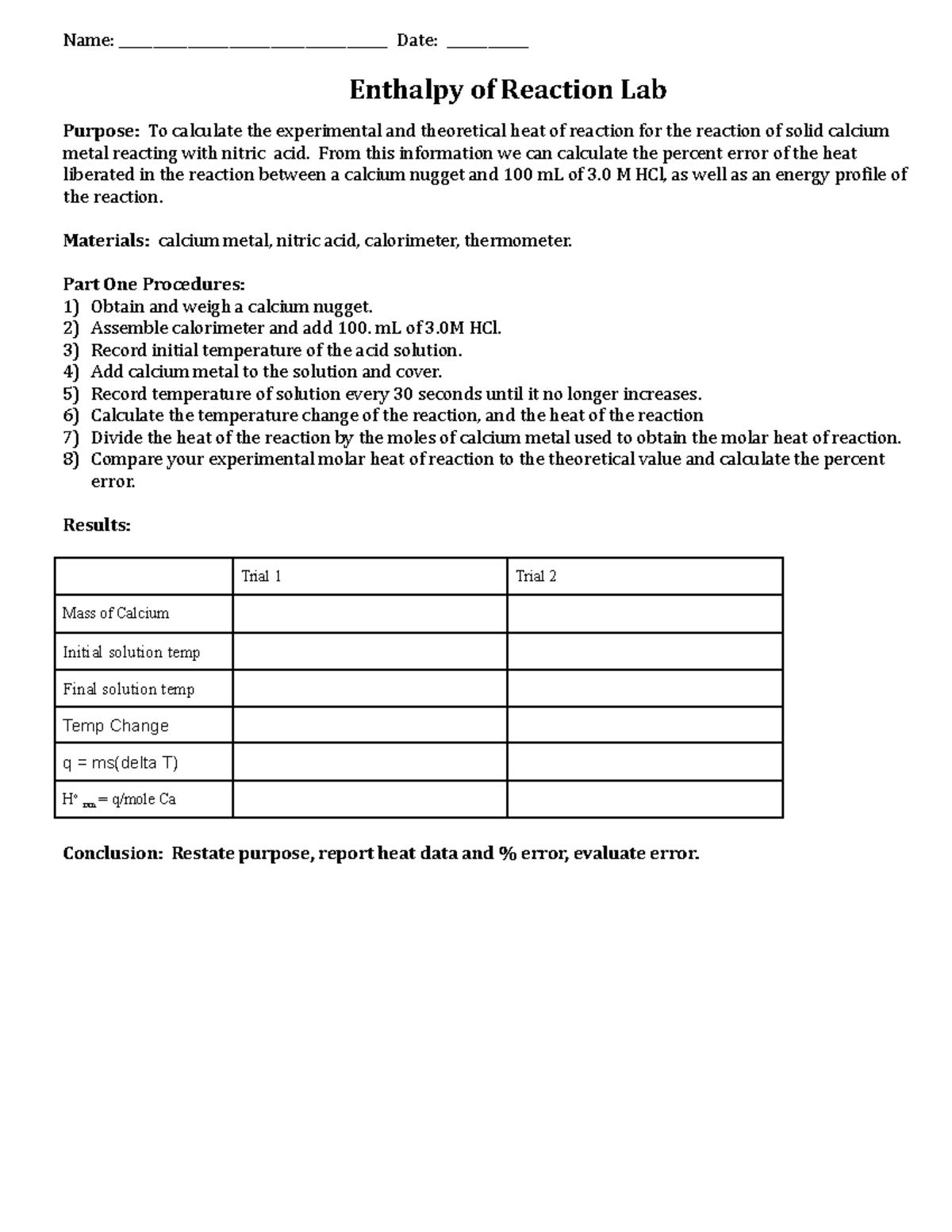Enthalpy of Reaction - heat lab - Name ...
