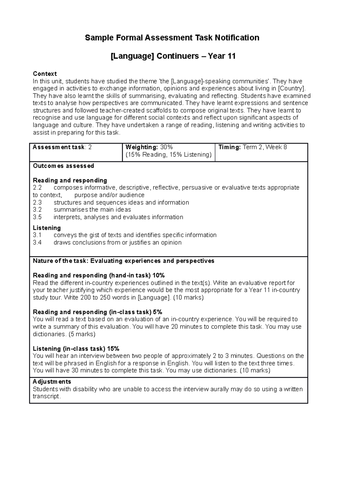 Language continuers s6 year 11 sample formal assessment task listening ...