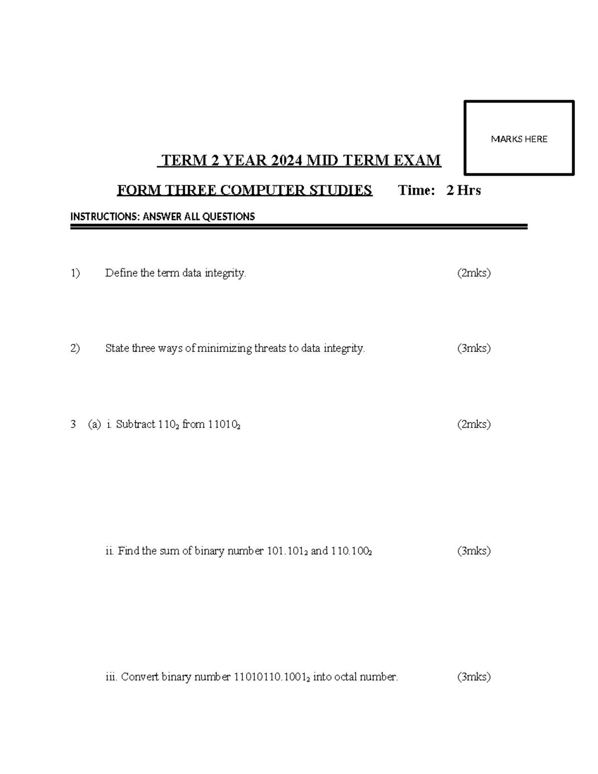 Computer F3 On Flowcharts Pseudocode And Algorithims Term 2 Year 2024 Mid Term Exam Form Three