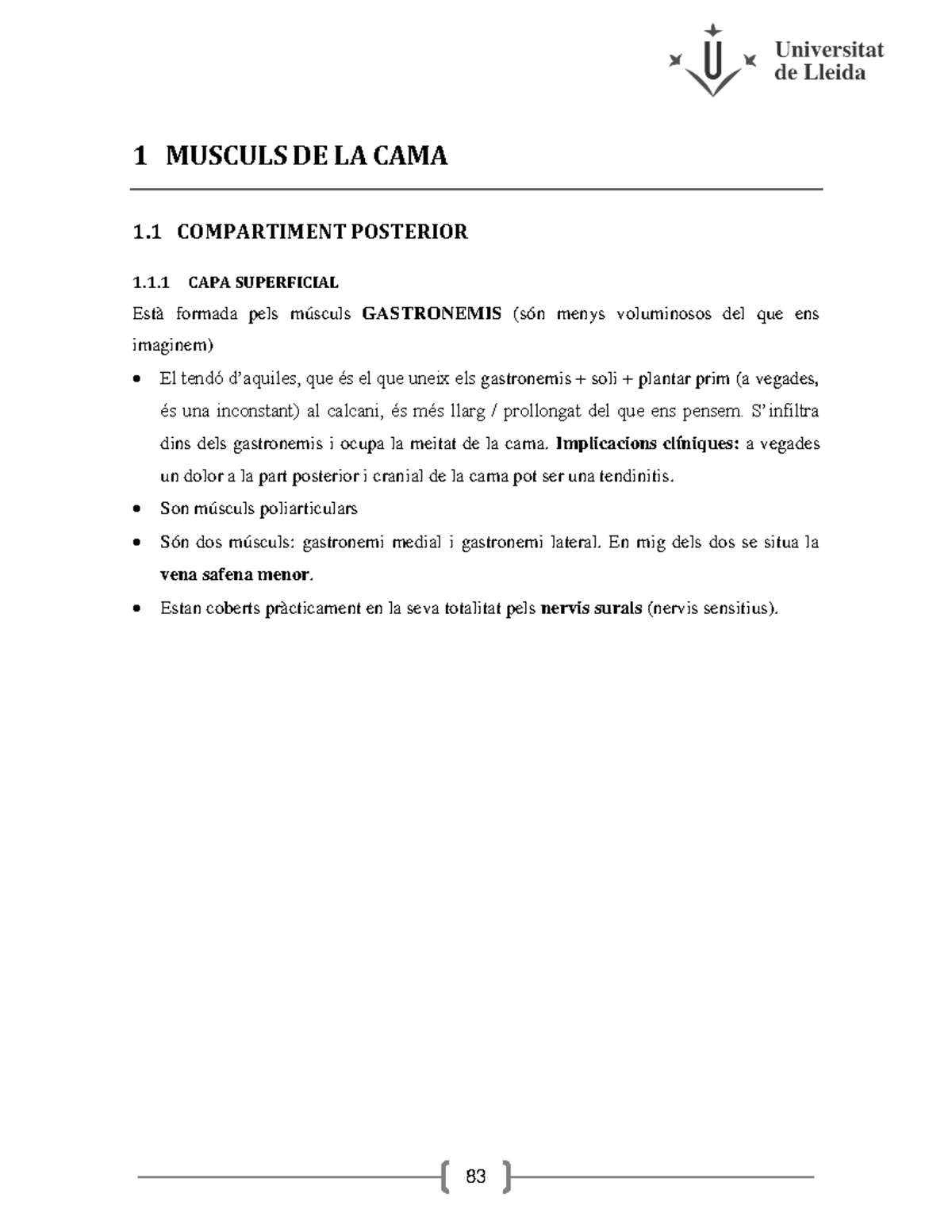 Músculos de la pierna - 1 MUSCULS DE LA CAMA 1 COMPARTIMENT POSTERIOR 1 ...