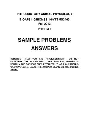 Practice Prelim 1 Answers - INTRODUCTORY ANIMAL PHYSIOLOGY BIOAP3110 ...