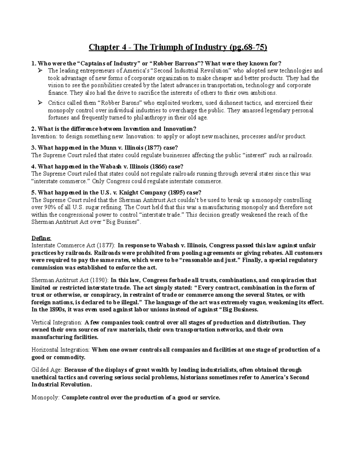 Chapter 4 Notes - Triumph of Industry (Pgs. 68-75) - Chapter 4 - The ...