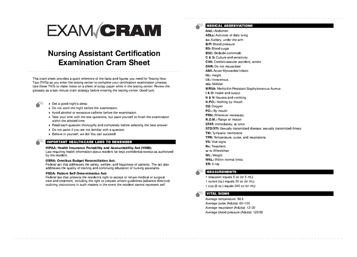 Cramsheet - Nursing Assistant Certification Examination Cram Sheet This ...