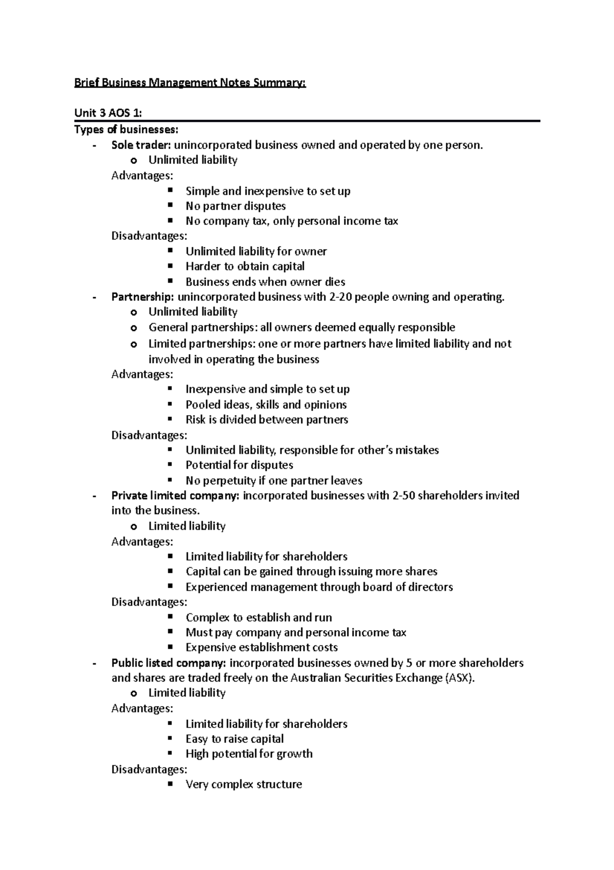 Summary Brief Business Management Notes Summary - Brief Business ...
