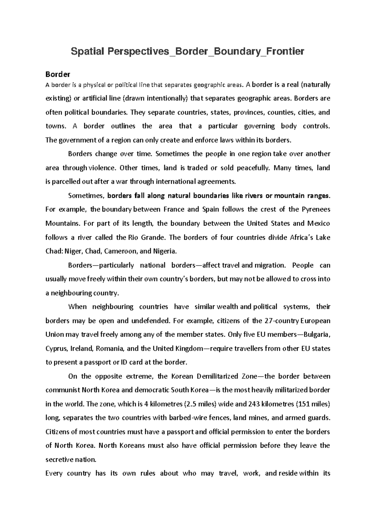 Spatial perspectives of Border and boundary and frontiers:political ...