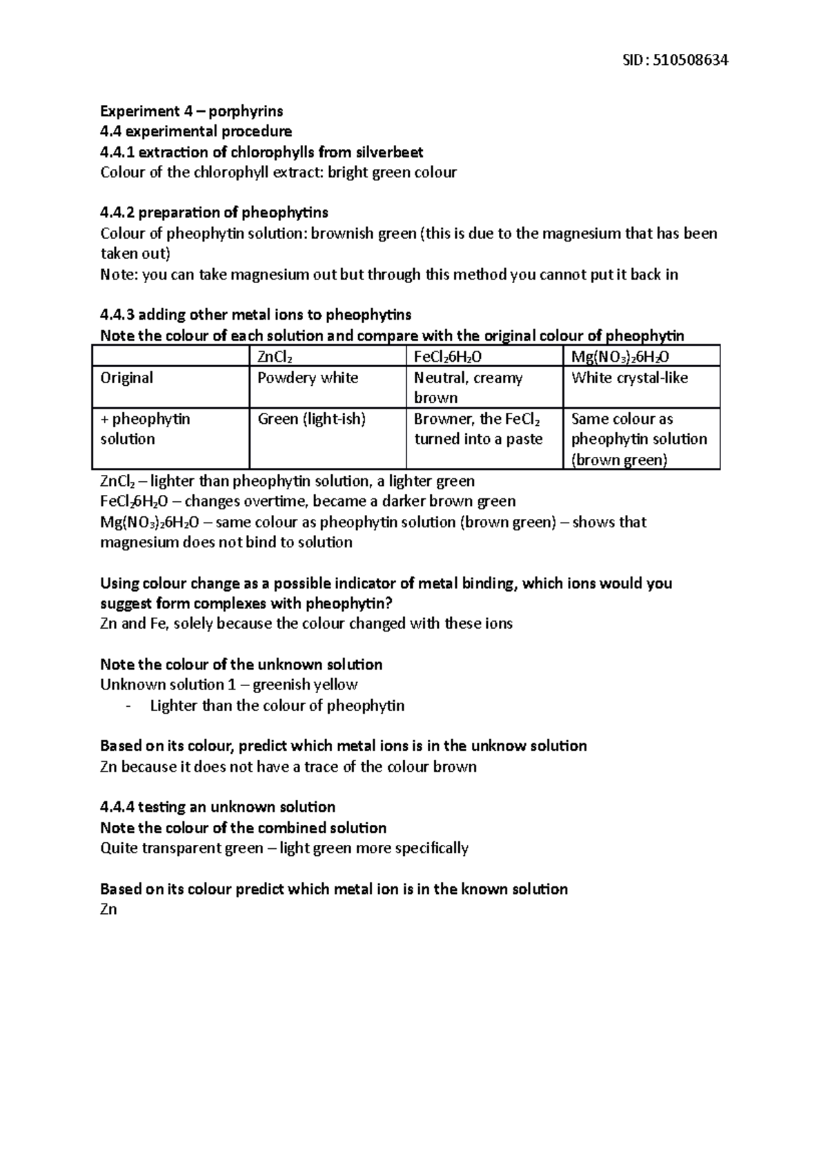 E4 - Porphyrins Logbook - Experiment 4 – porphyrins 4 experimental procedure 4.4 extraction of ...
