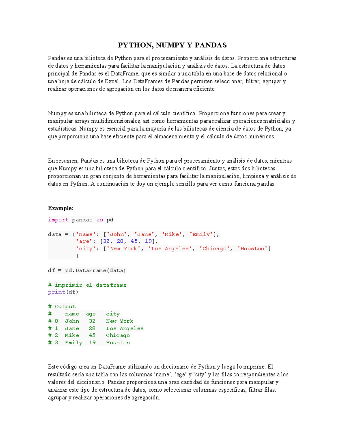 Python, Numpy Y Pandas - PYTHON, NUMPY Y PANDAS Pandas es una bilioteca de Python para el - Studocu
