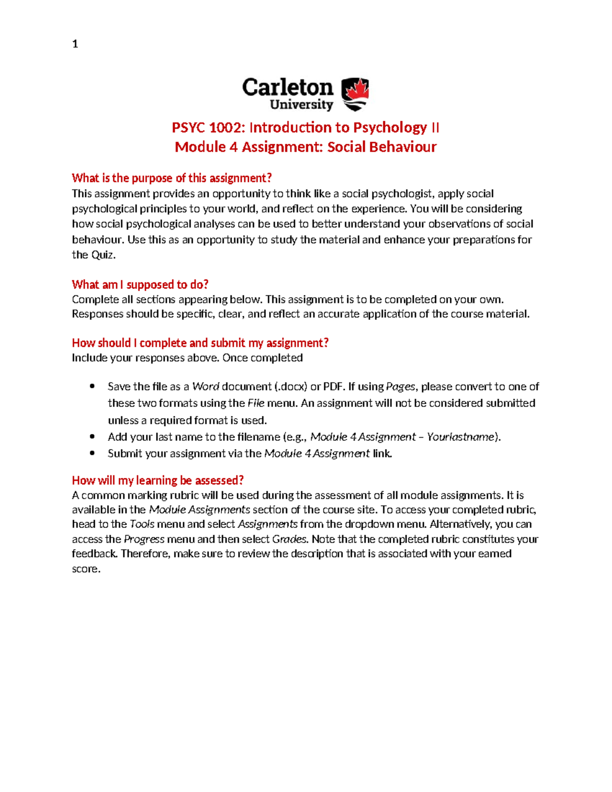 Module 4 Assignment - PSYC 1002: Introduction to Psychology II Module 4 ...