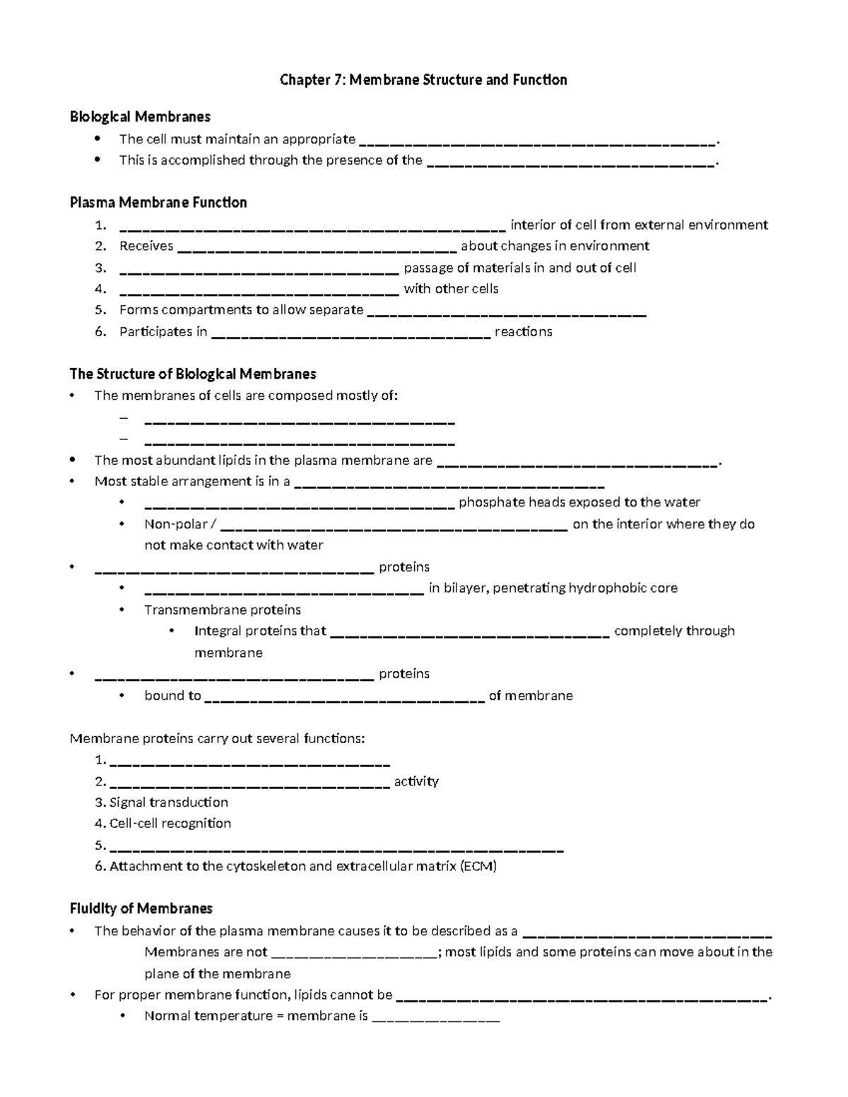 BIOL200 Membrane fill-in notes - Chapter 7: Membrane Structure and ...