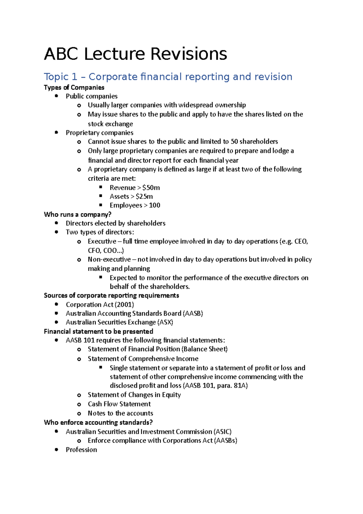 ABC Lecture 1 Revision - ABC Lecture Revisions Topic 1 – Corporate ...