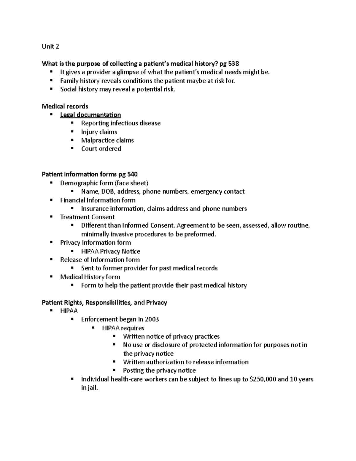 Unit 2 medical records - Unit 2 What is the purpose of collecting a ...