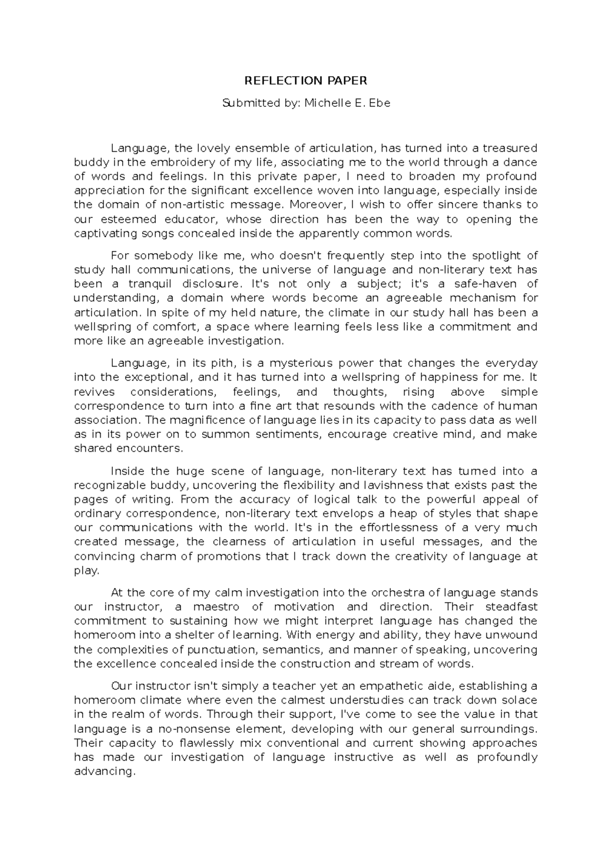 Reflection Paper. Nonliterary TEXT - REFLECTION PAPER Submitted by ...