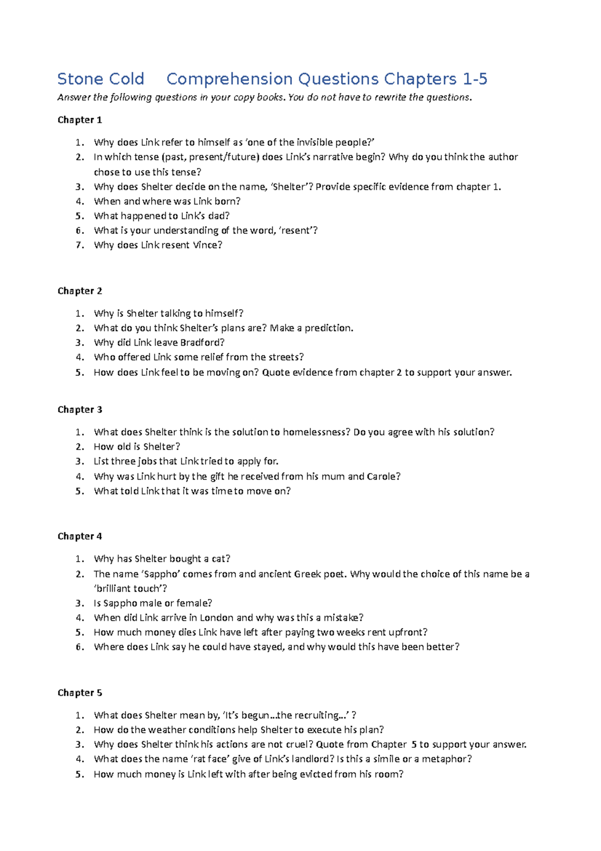 Stone Cold Comprehension Questions Ch1-5 - Stone Cold Comprehension ...