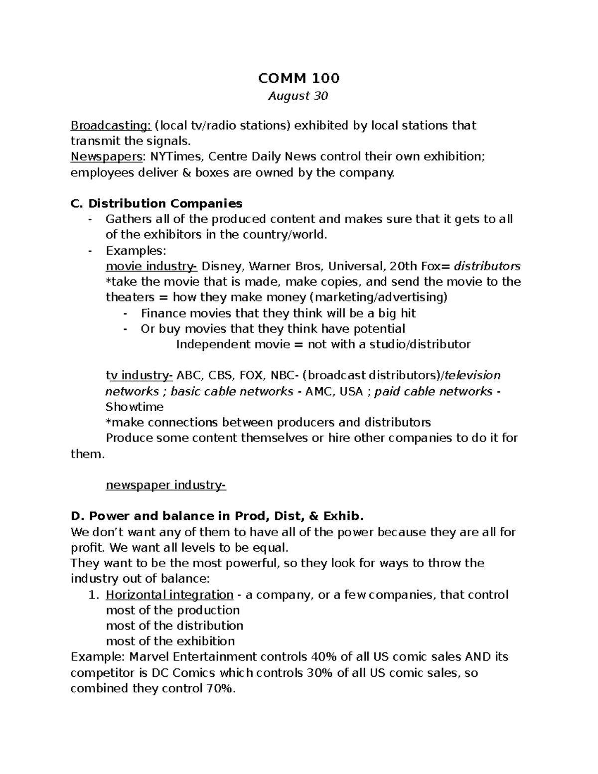 COMM 100 Lecture Notes - COMM 100 August 30 Broadcasting: (local tv ...