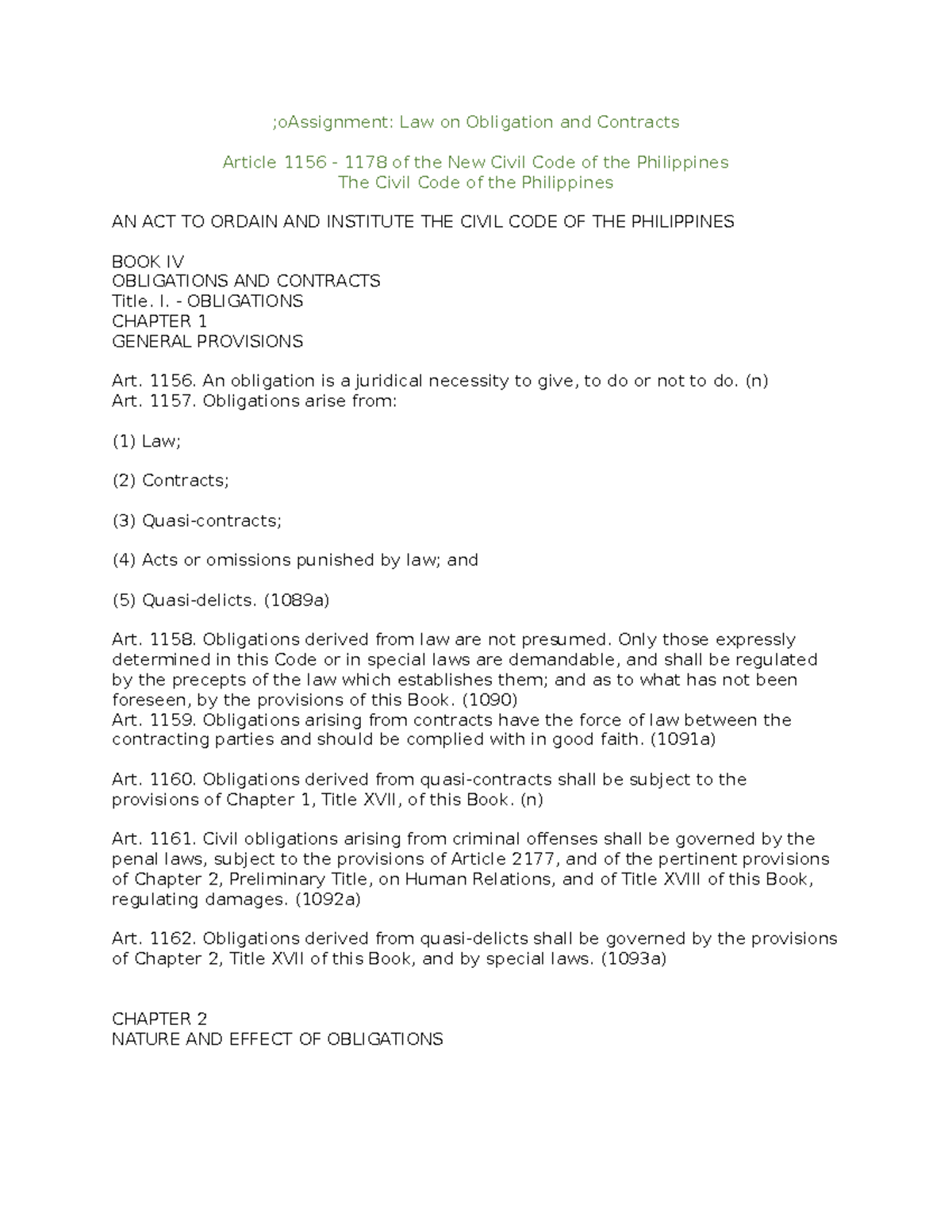 Obligations and contracts - ;oAssignment: Law on Obligation and ...