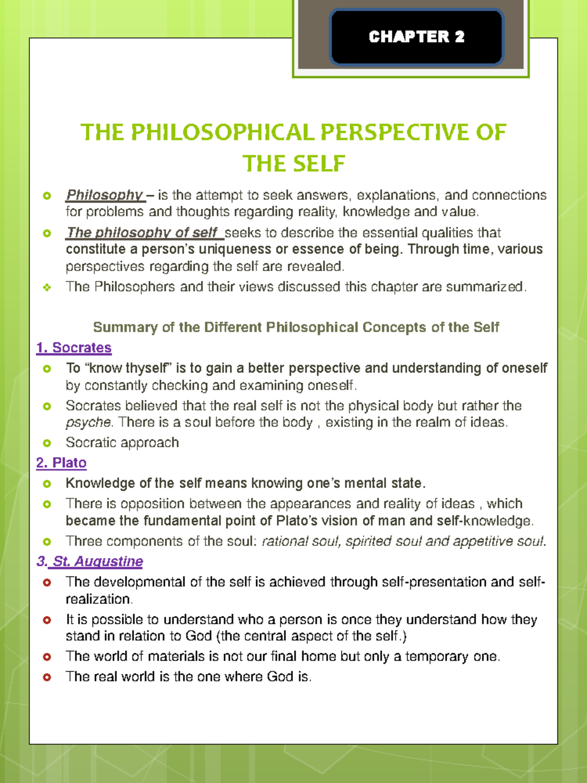 Chapter 2 THE Philosophical Perspective OF THE SELF 1 - THE PHILOSOPHICAL PERSPECTIVE OF THE ...