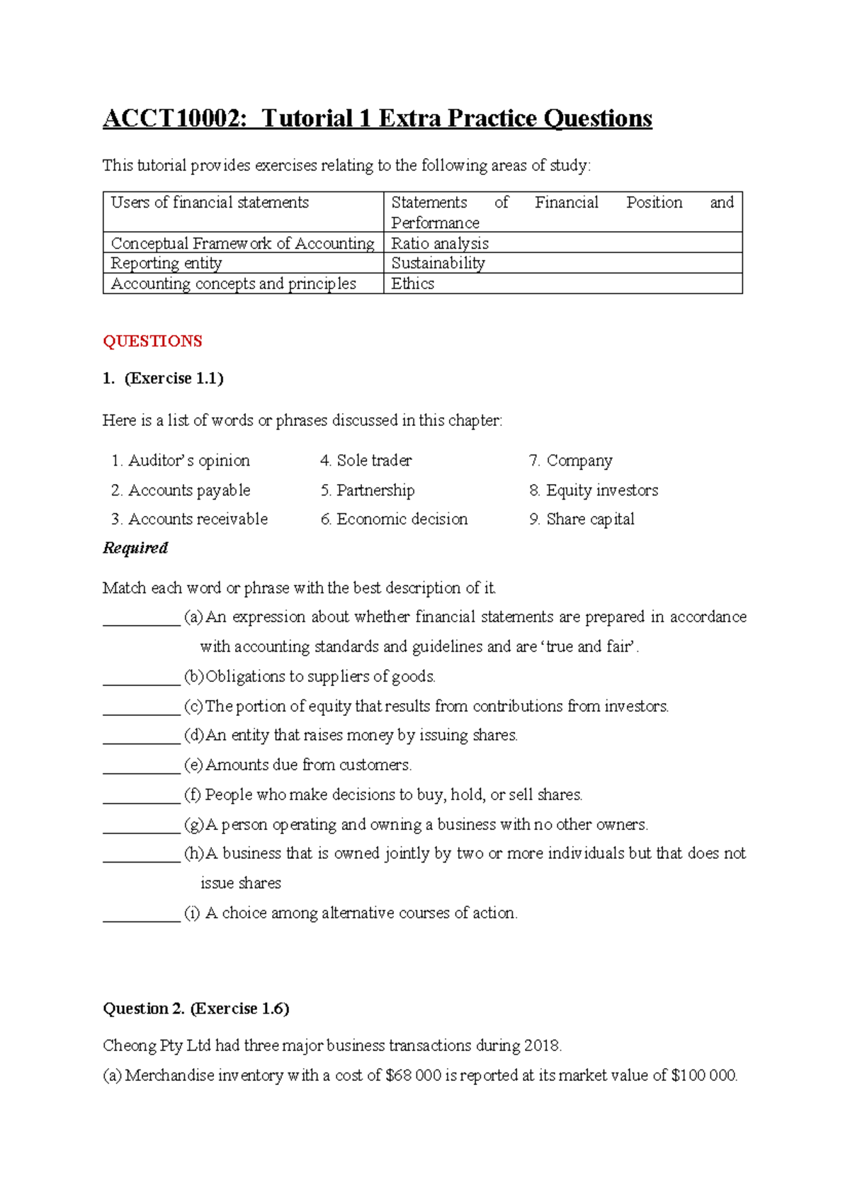 ACCT10002 Tutorial 1 Extra Practice Questions and Solutions - ACCT10002: Tutorial 1 Extra ...