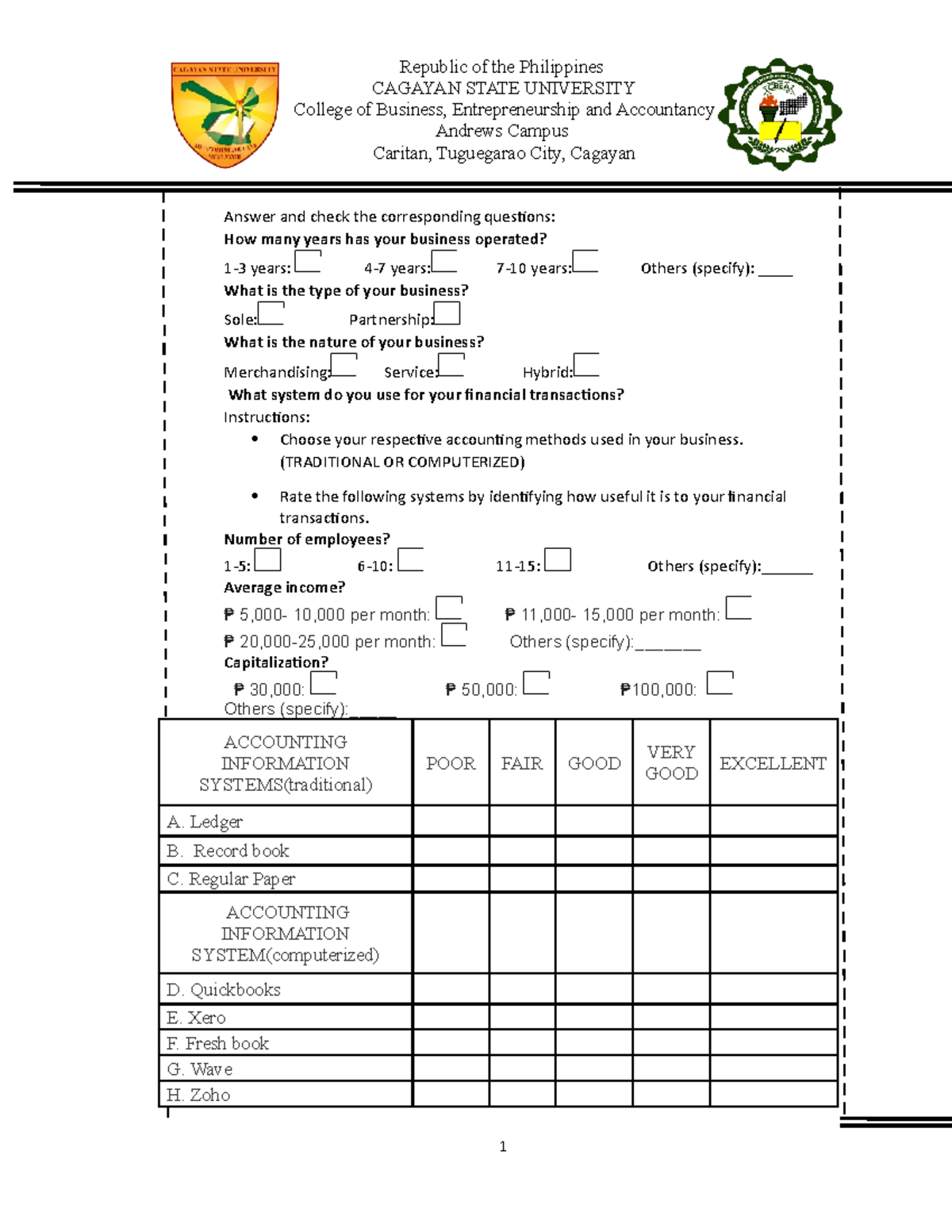 Questionnaire - NONE - Republic of the Philippines CAGAYAN STATE ...