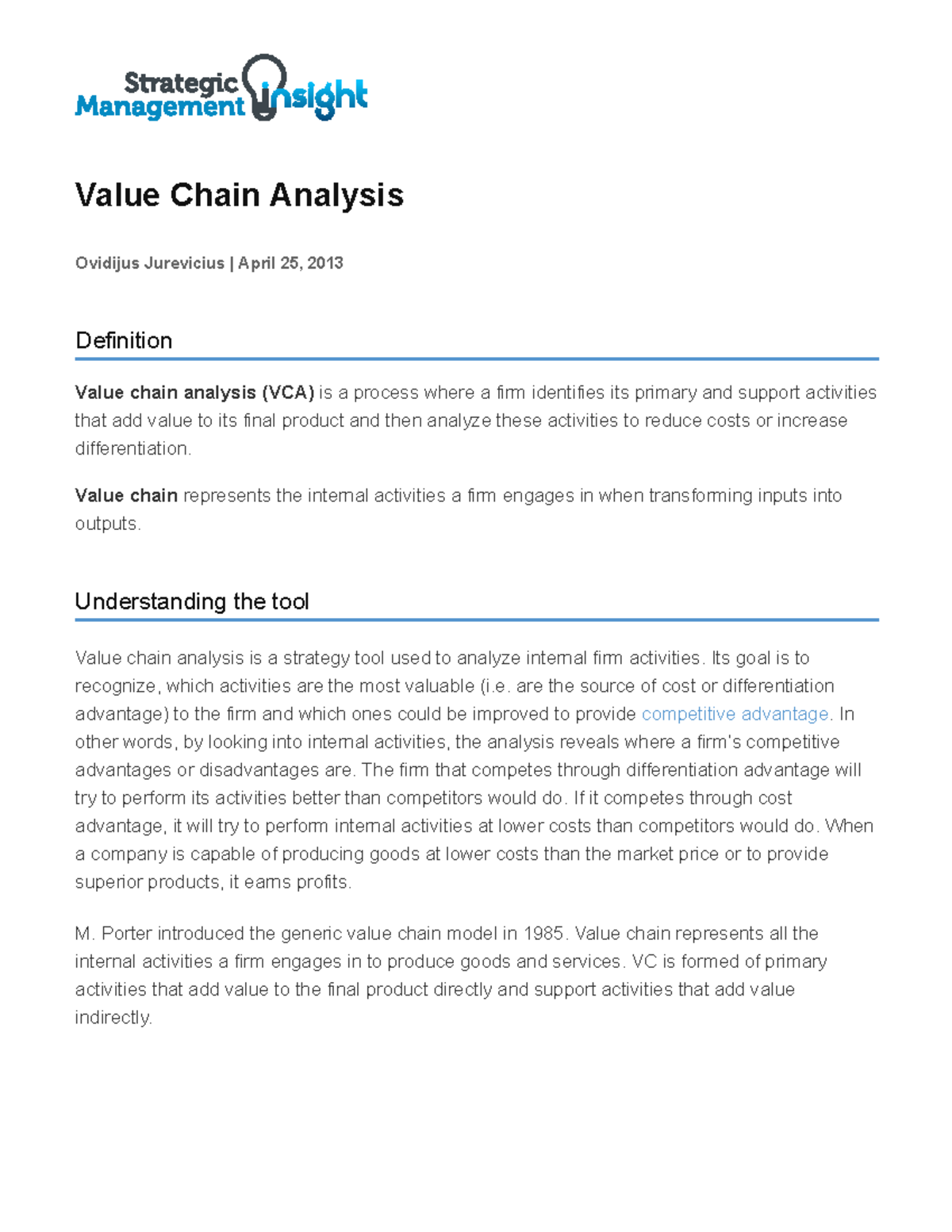 Value Chain Analysis - Strategic Management Institute 2013 - Value ...