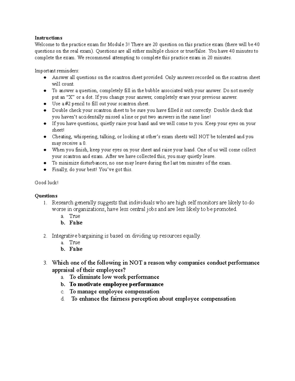 Management Module Practice Exam with Answer Key - Instructions Welcome ...