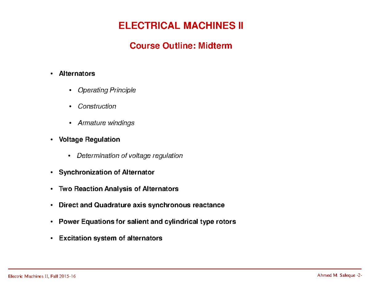 EM2 Mid Lecture 1 - ELECTRICAL MACHINES II Course Outline: Midterm ...