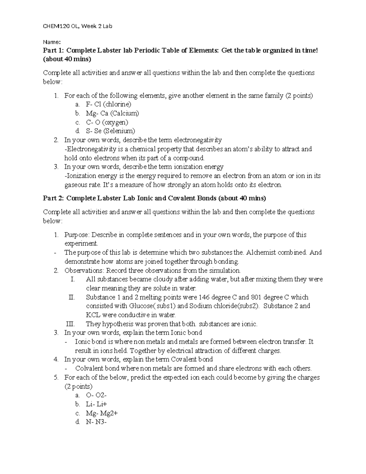 Week 2 Lab report - CHEM120 OL, Week 2 Lab Name: Part 1: Complete ...