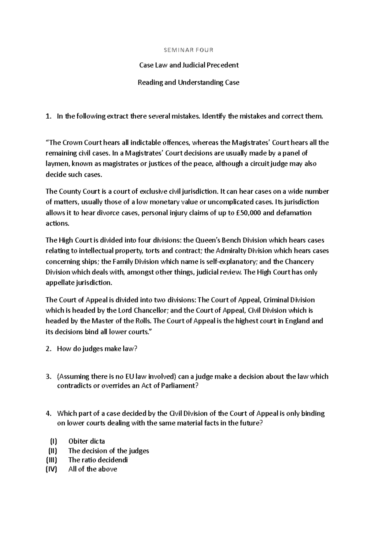 Seminar FOUR - notes - SEMINAR FOUR Case Law and Judicial Precedent ...
