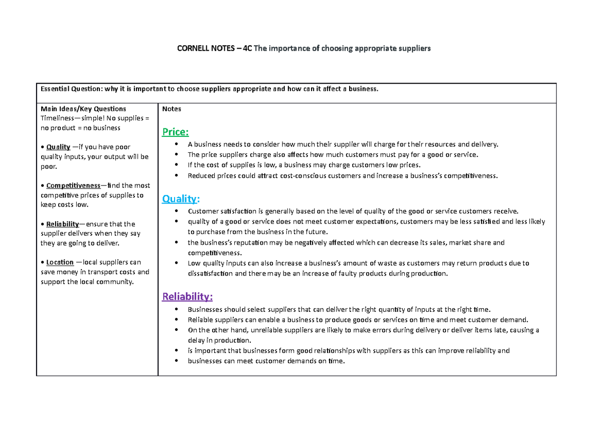 Cornell Notes 4C - CORNELL NOTES – 4C The importance of choosing ...