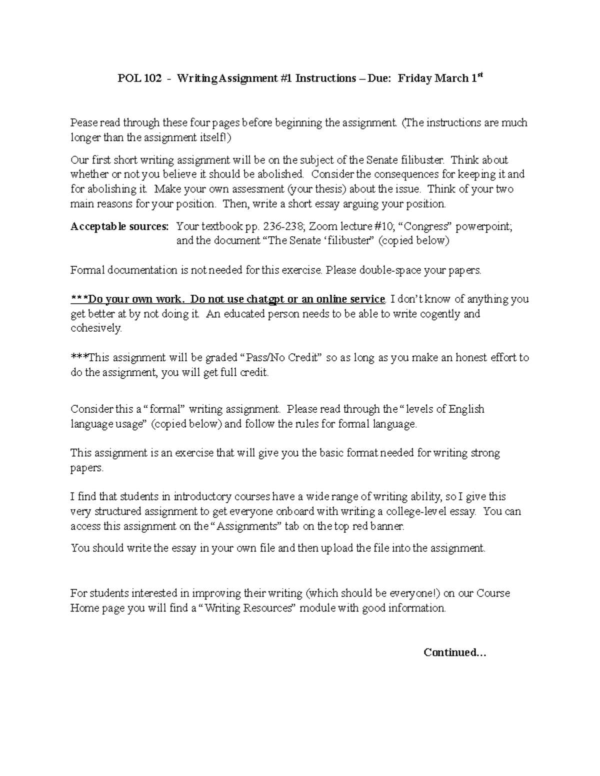 Writing Assignment #1 S24 - (The instructions are much longer than the ...