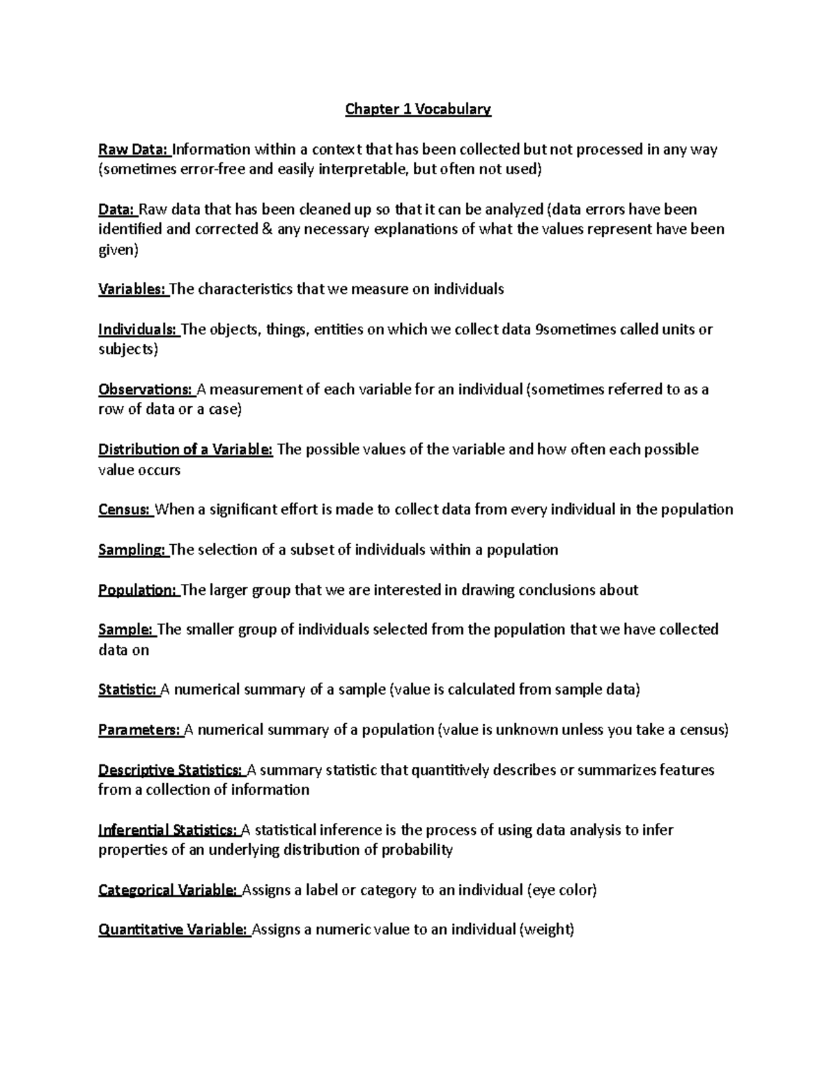 Chapter 1 - Vocabulary for STA 215 with Patricia Stephenson. - Chapter ...