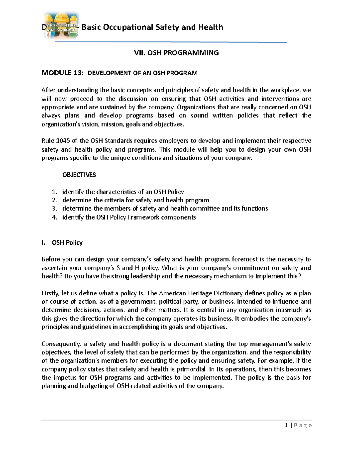 Bosh Module 13 - Development of an Osh Program - VII. OSH PROGRAMMING ...