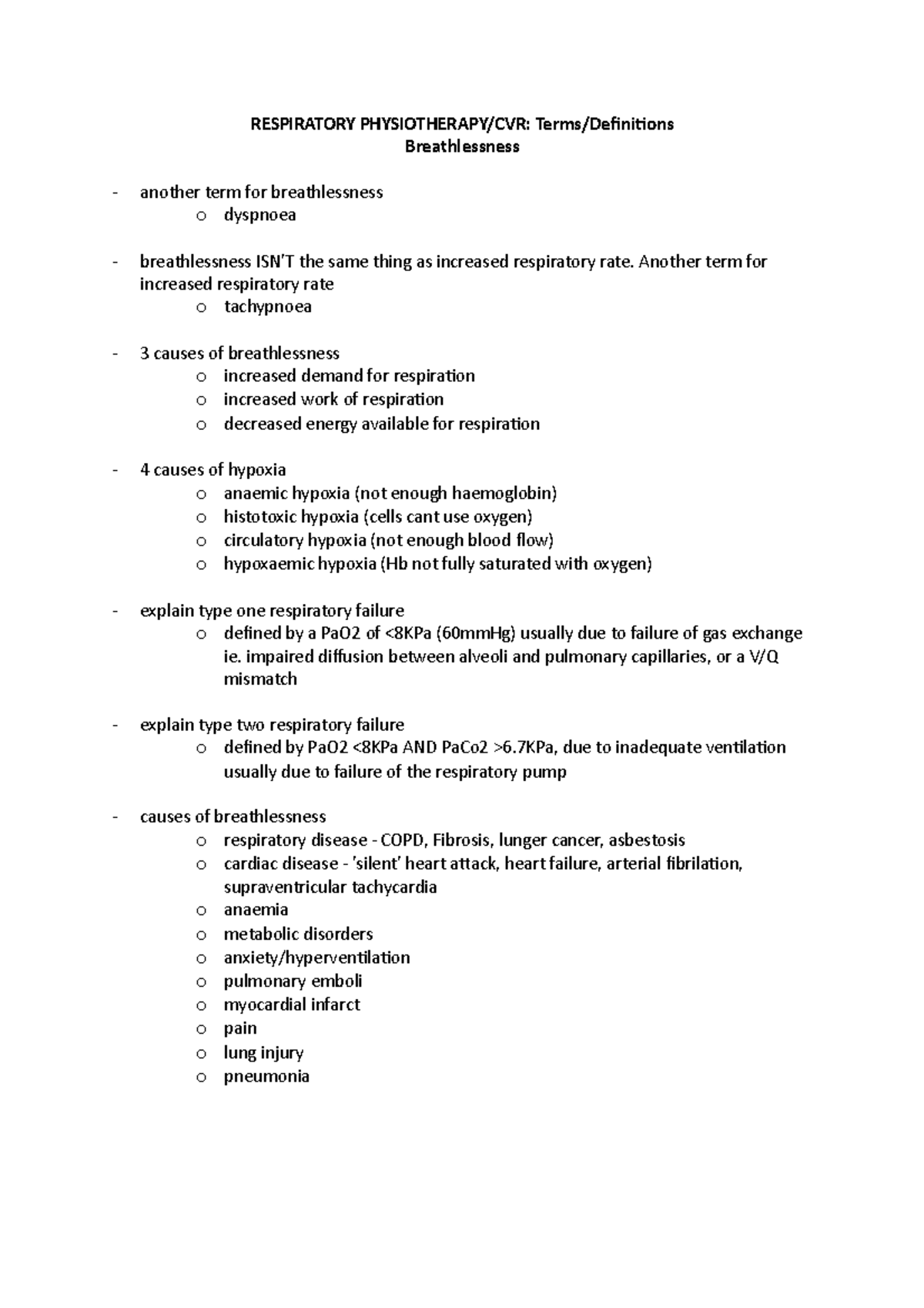 Respiratory Physiotherapy:CVR- Terms:Definitions Breathlessness ...