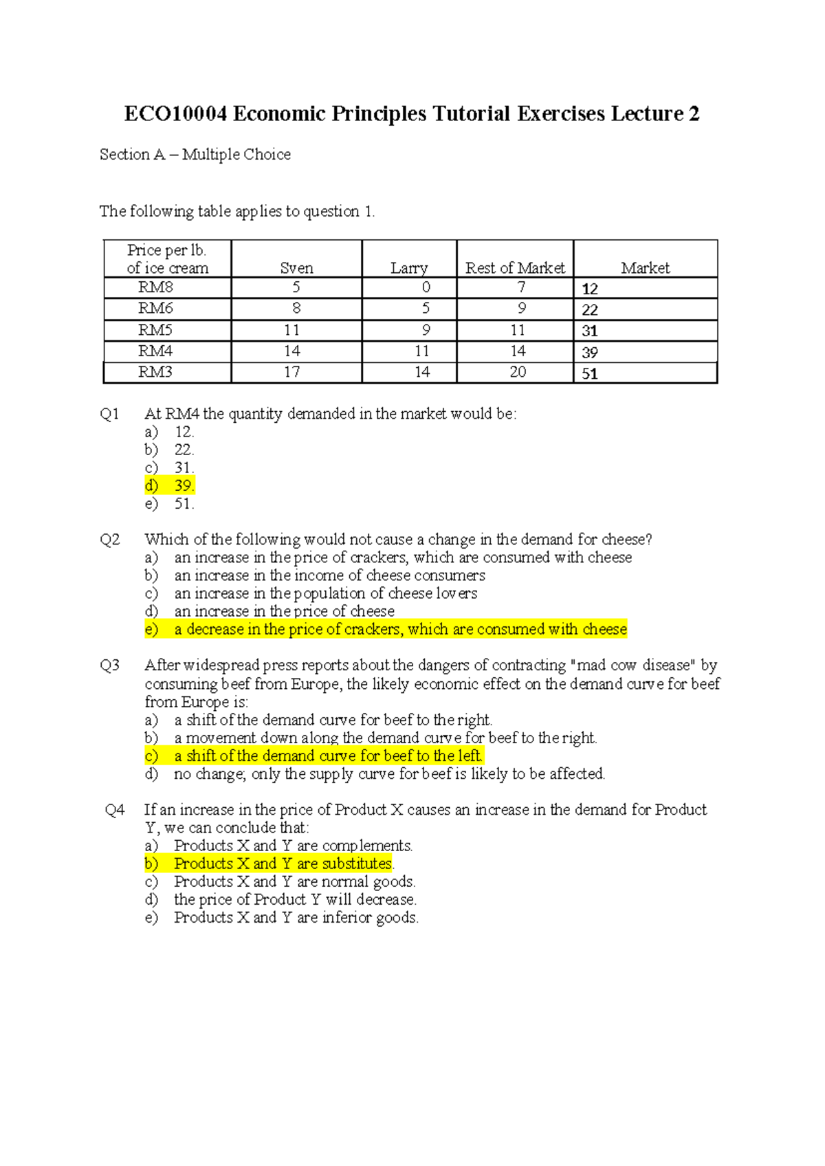ECO10004 Economic Principles Tutorial Exercises Lecture 2 - Price per ...