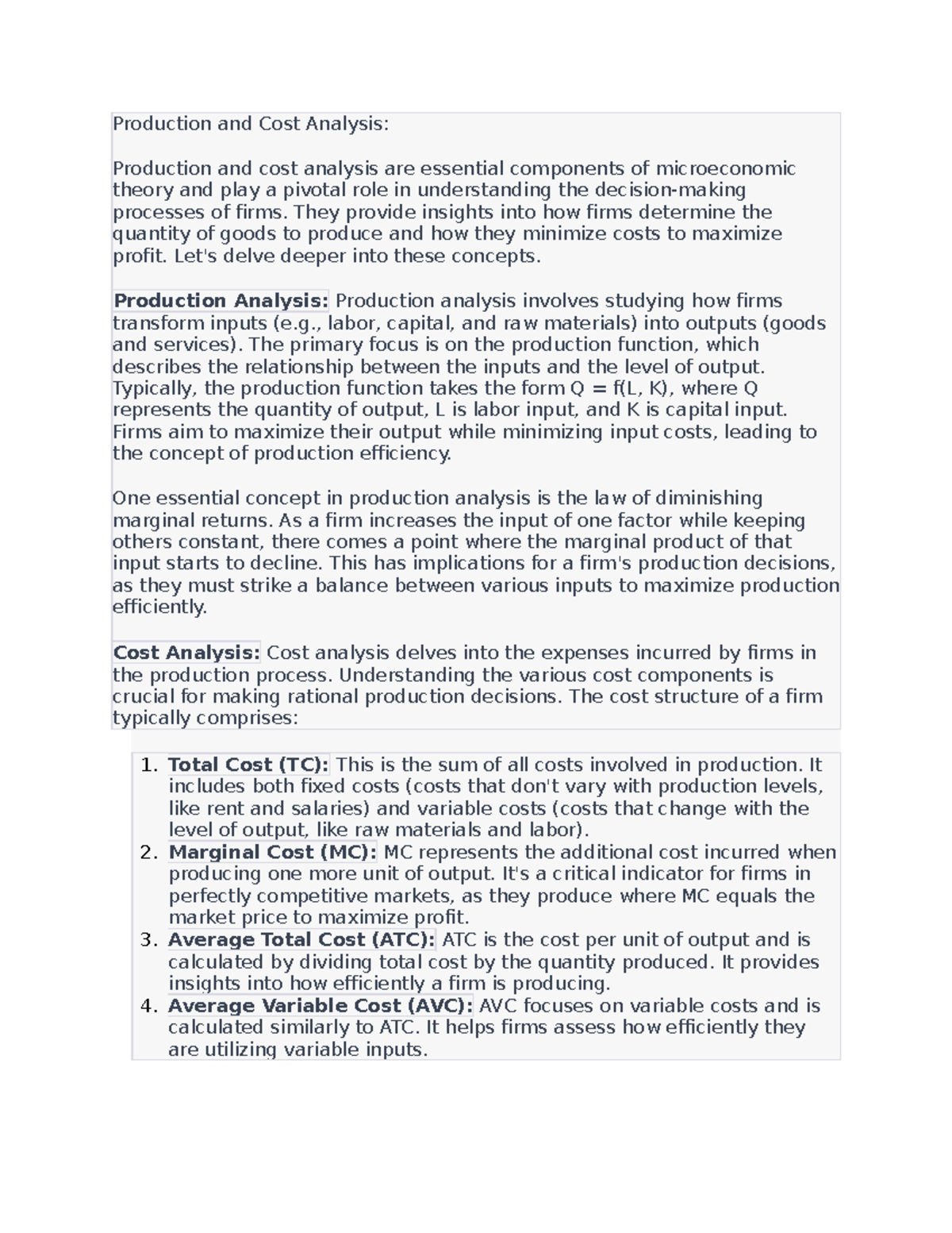 Production and Cost Analysis - Production and Cost Analysis: Production ...