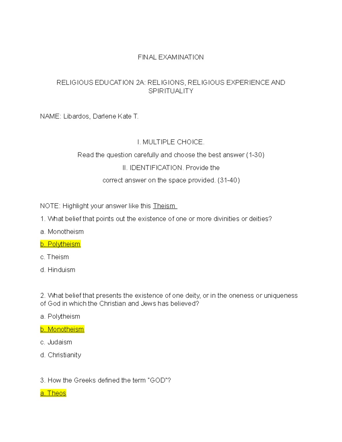Final Examination RS2A - FINAL EXAMINATION RELIGIOUS EDUCATION 2A ...