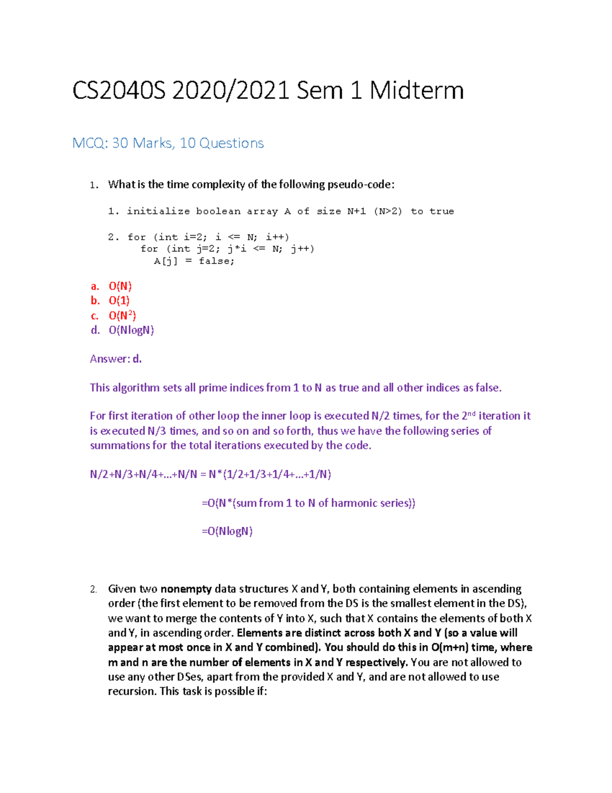 CS2040S 2020 2021 Sem1 midterm ans - CS2040S 2020/2021 Sem 1 Midterm MCQ: 30 Marks, 10 Questions ...