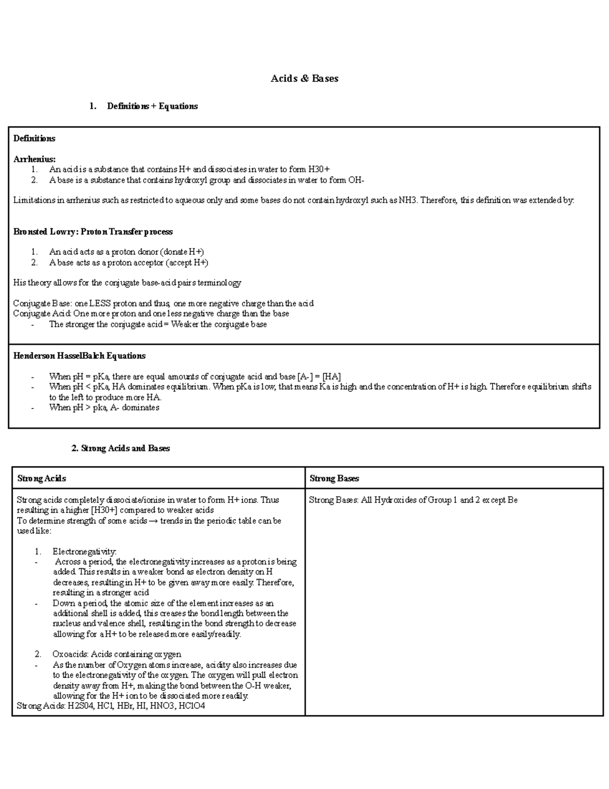 Acid and Bases notes- docs/small summary - Acids & Bases Definitions ...