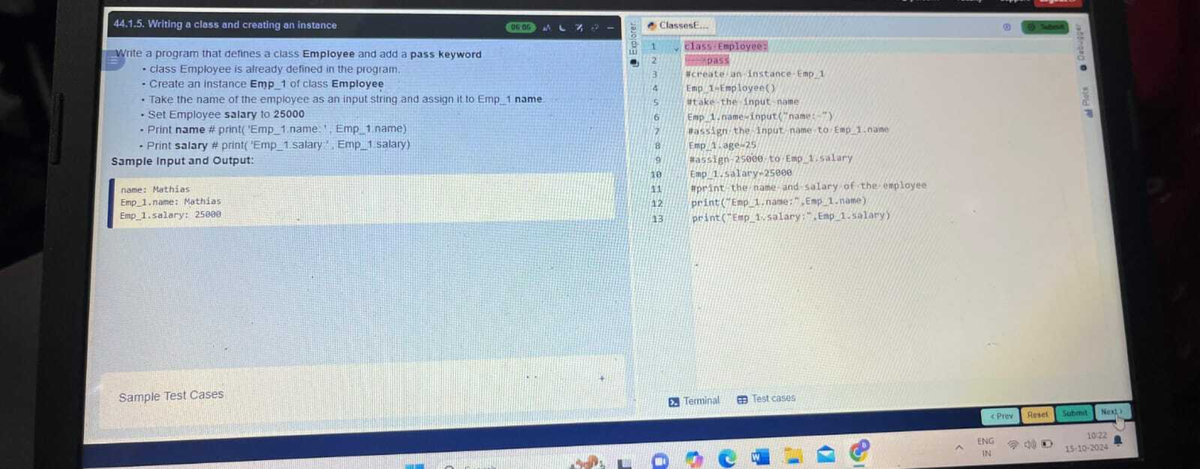 Codetantra Unit 5and6 Python 441 Writing A Class And Creating An Instance 0605 Classese 1