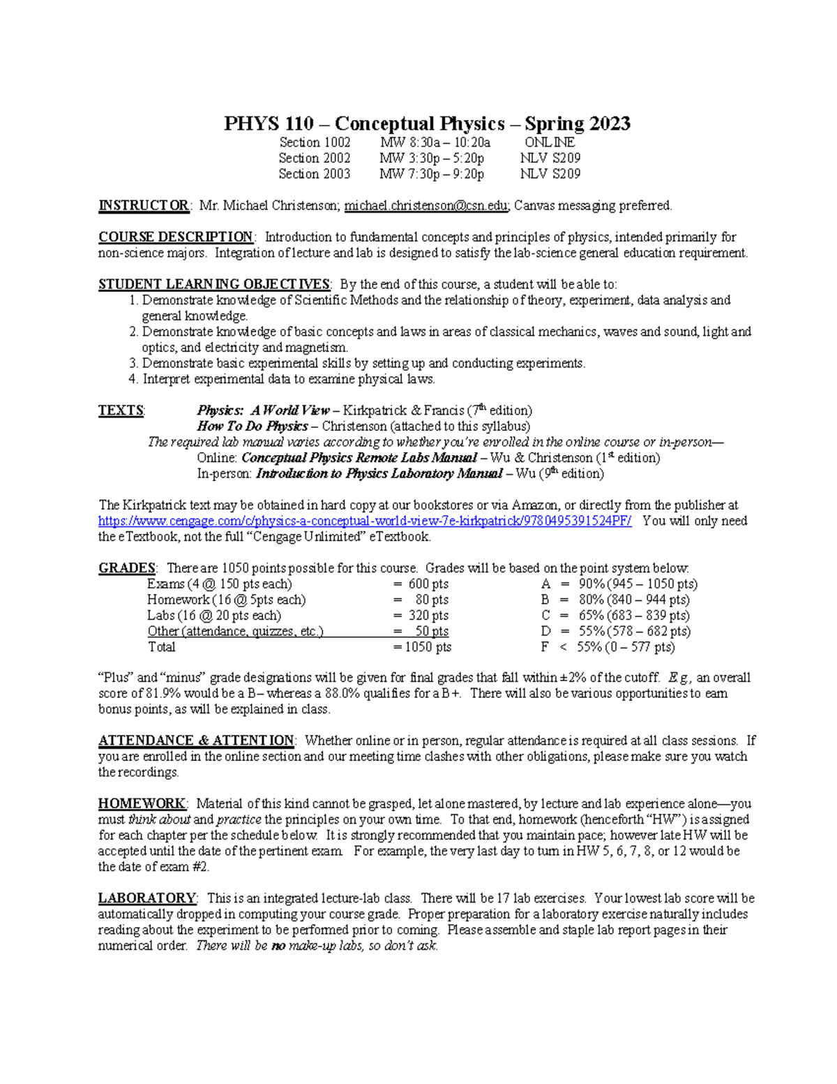 Physics+110+syllabus+spring+2023 - PHYS 110 – Conceptual Physics – Spring 2023 Section 1002 MW 8 ...