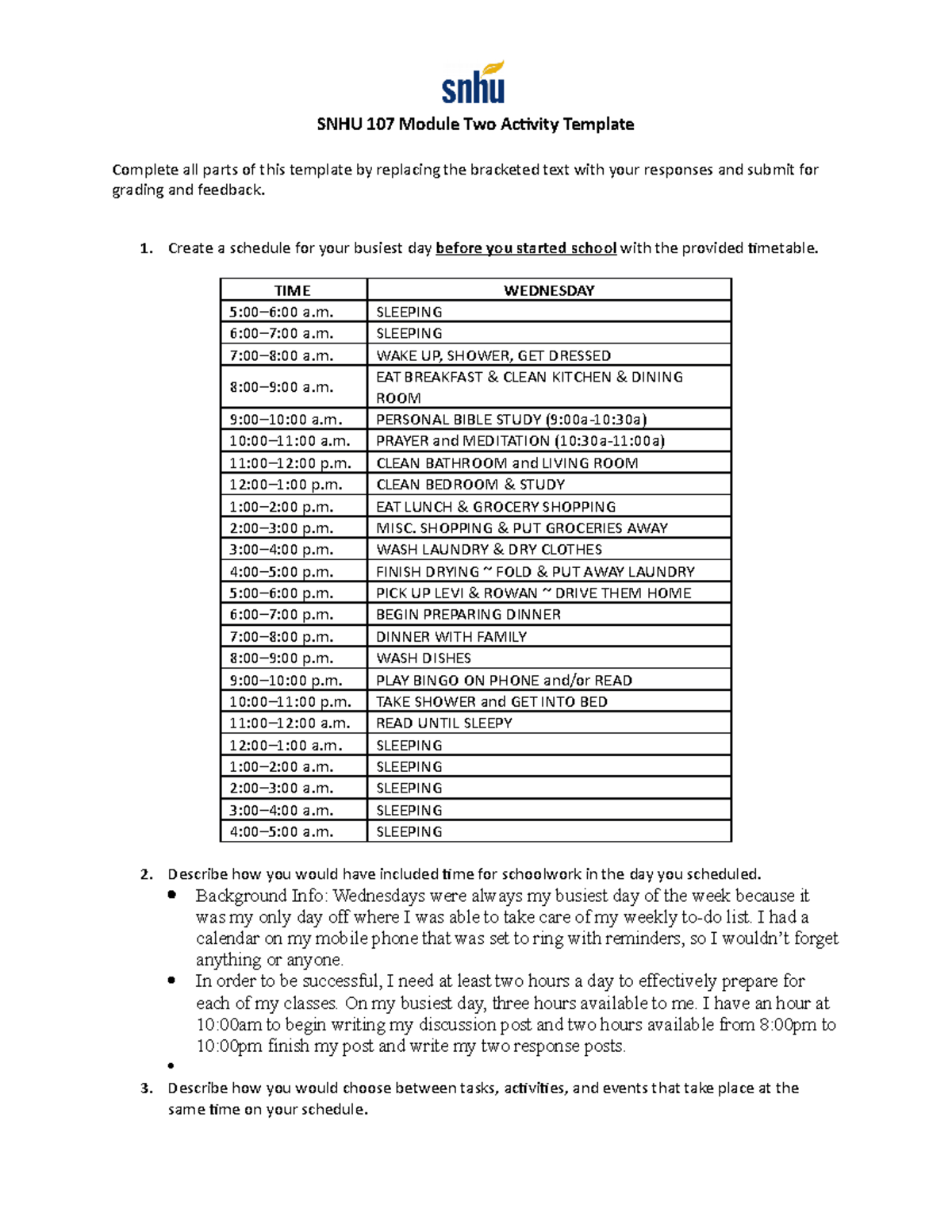 Mod2Activity Busiest Day Schedule - SNHU 107 Module Two Activity ...