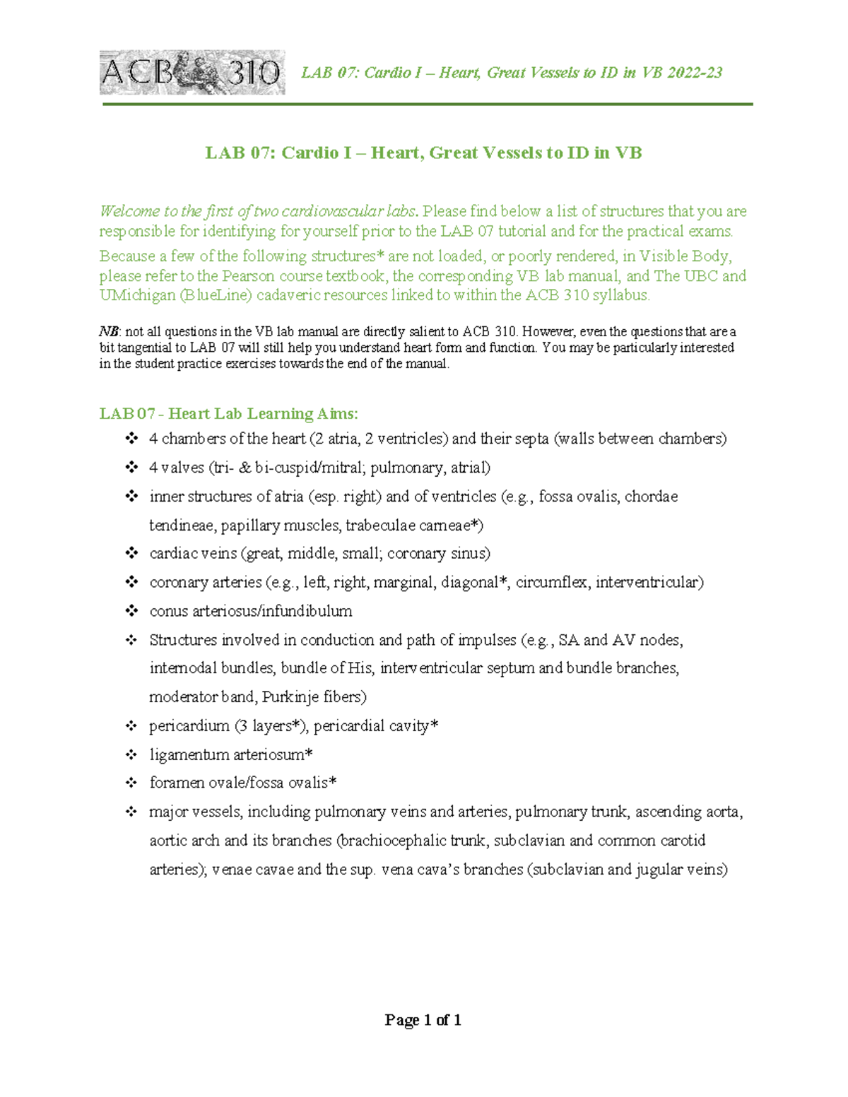 Heart Lab 07 - Page 1 of 1 LAB 07: Cardio I – Heart, Great Vessels to ...