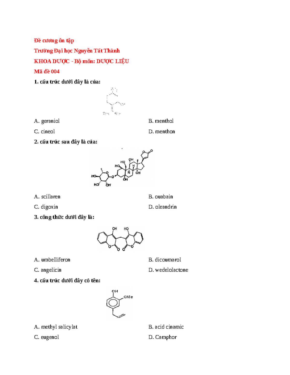 [123doc] - trac-nghiem-duoc-lieu-ma-de-004 - Đề cương ôn tập Trường Đại học Nguyễn Tất Thành ...
