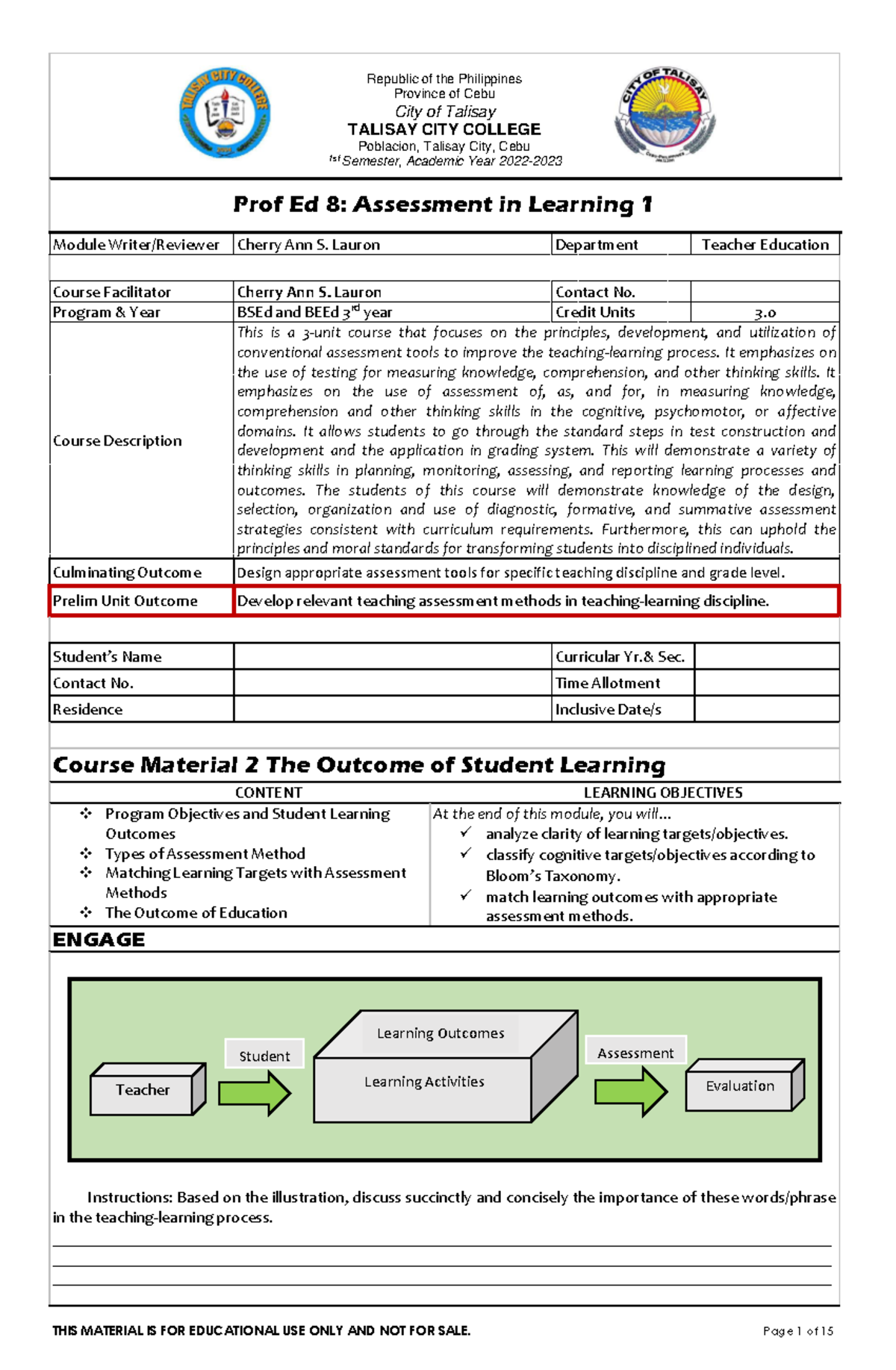 CM 2 PROF ED 8 - for education - Republic of the Philippines Province of Cebu City of Talisay ...