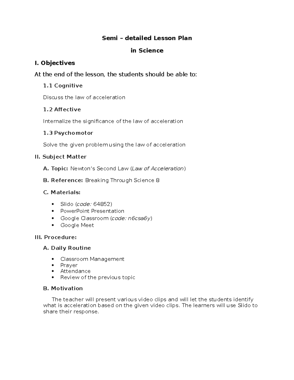Semi Detailed LP - educ - Semi – detailed Lesson Plan in Science I ...